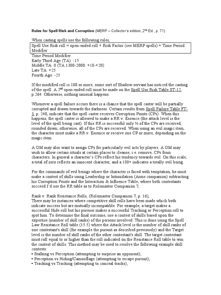 Rolemaster 2 - Optional Spell Risk Table ST12 | PDF