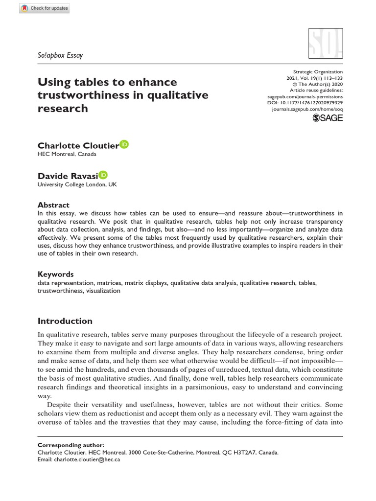 Using Tables To Enhance Trustworthiness in Qualitative Research | PDF ...