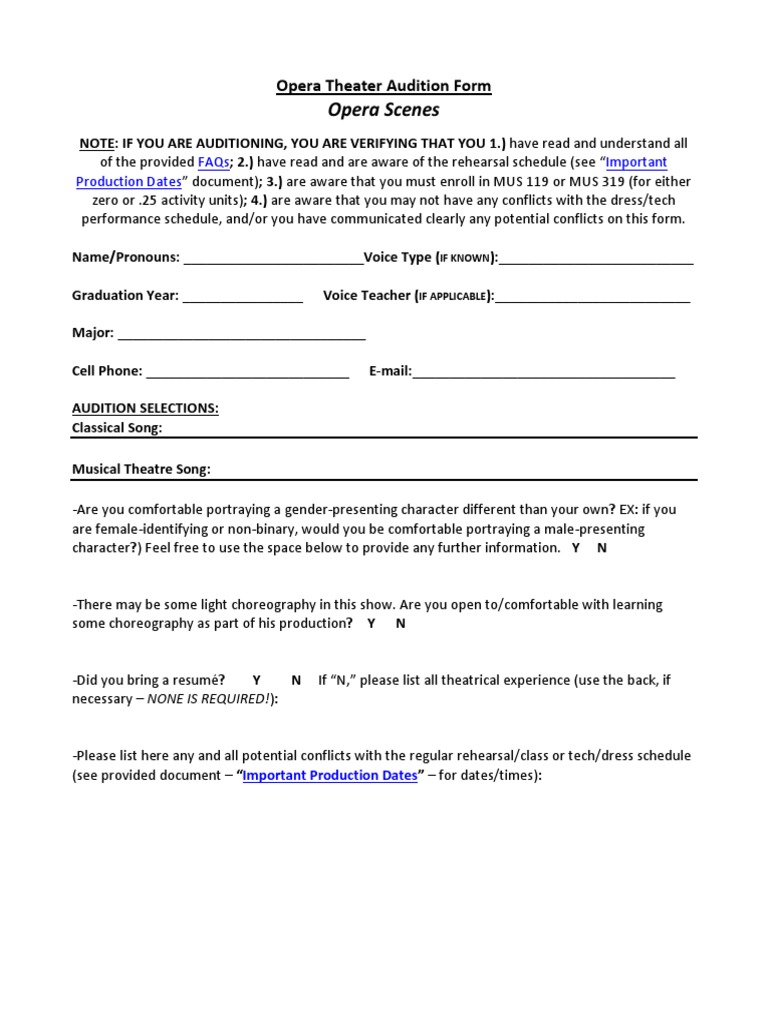 Opera Audition Form and Guidelines | PDF