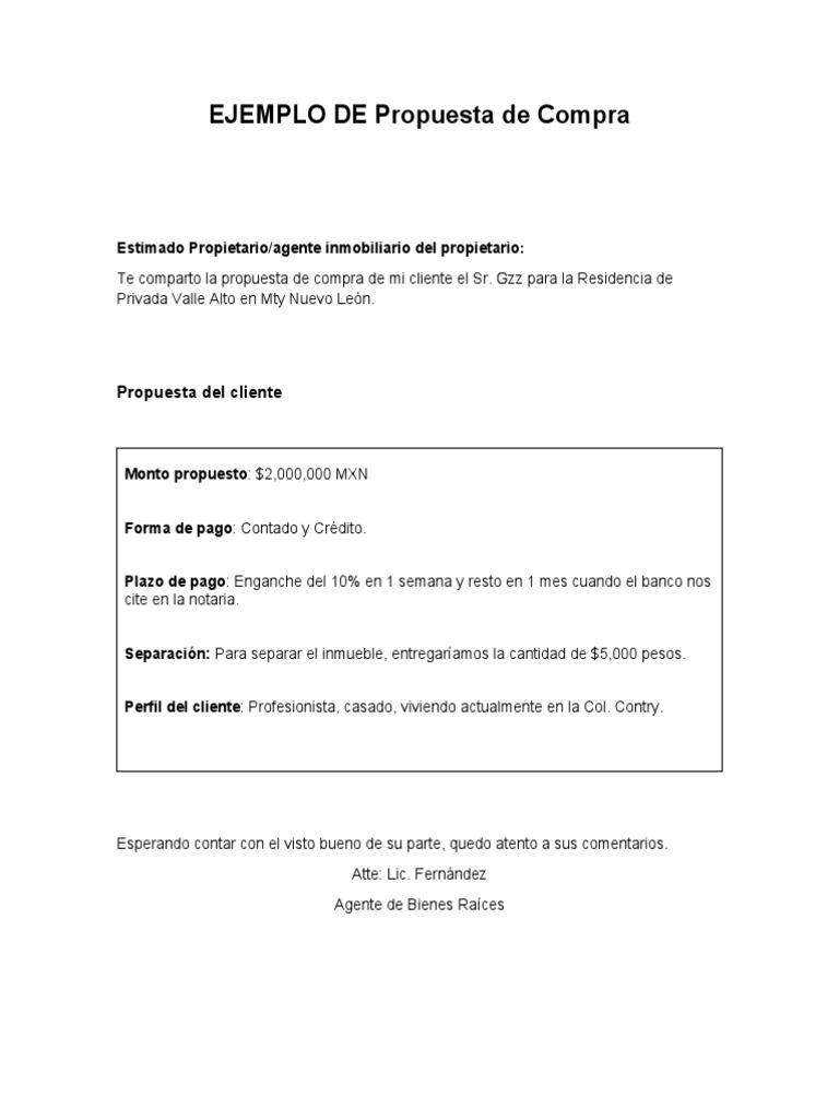 Modelo De Carta De Propuesta De Compra