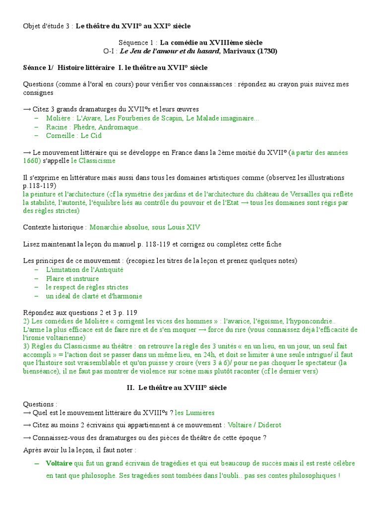 Correction Questions Histoire Litt Théâtre | PDF | Comédie | Classicisme