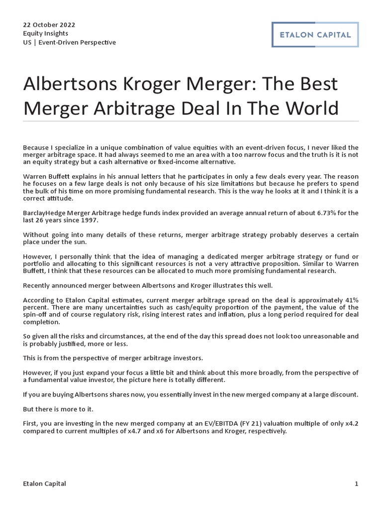Albertsons Kroger Merger: The Best Merger Arbitrage Deal in The World | PDF | Mergers And ...