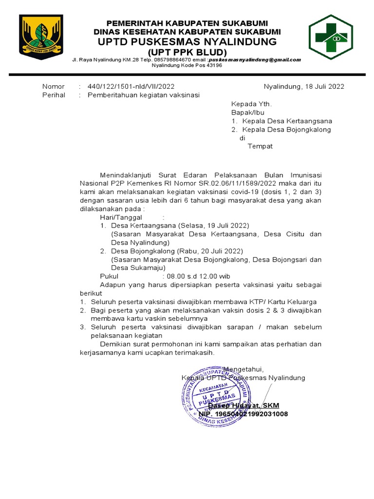 Surat Pemberitahuan Kegiatan Vaksin | PDF