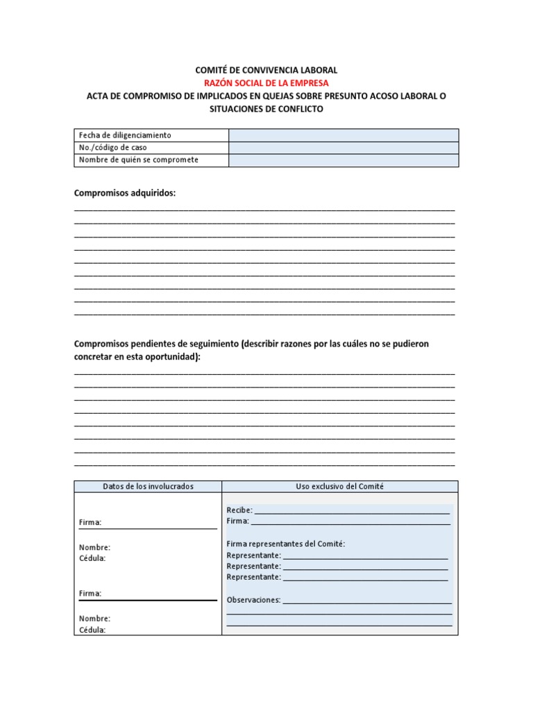 Formato Acta de Compromiso Comité de Convivencia Laboral SG-SST | PDF