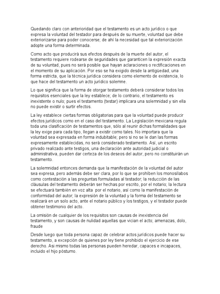 Quedando Claro Con Anterioridad Que El Testamento Es Un Acto Jurídico o ...