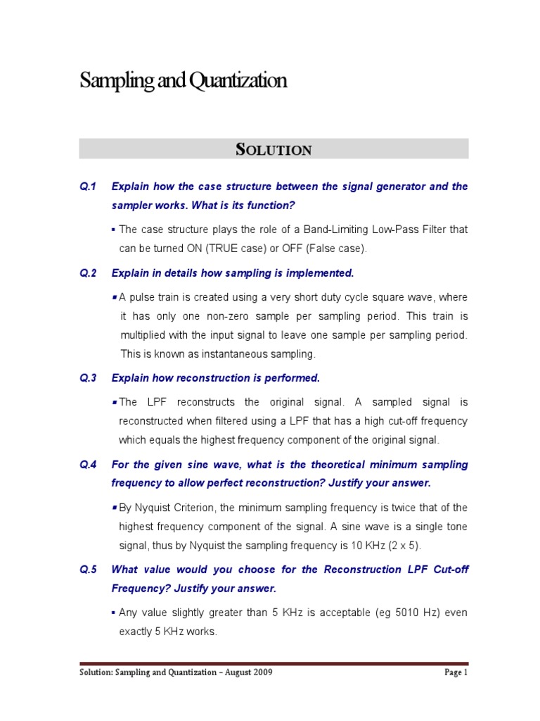 Sampling Quantization Solution Pdf Sampling Signal Processing Signal To Noise Ratio