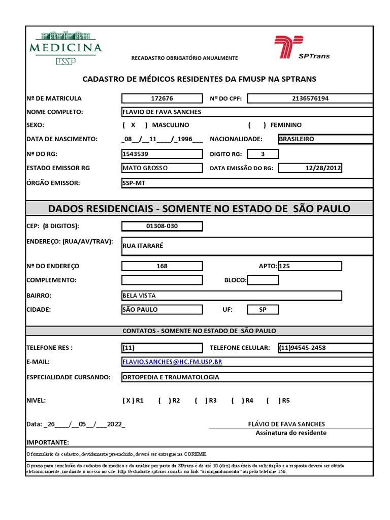 Formulário de Cadastro SPTRANS | PDF
