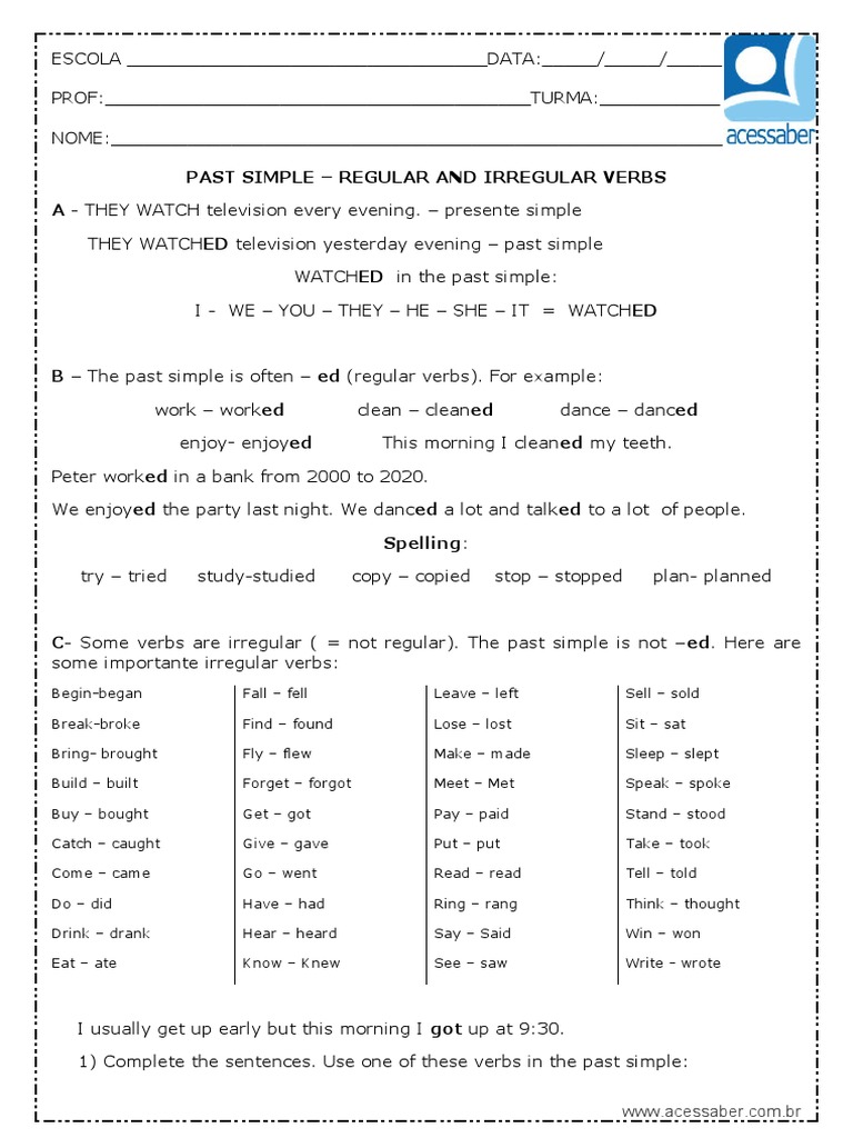 Atividade de Ingles Past Simple Regular and Irregular Verbs 9 Ano | PDF