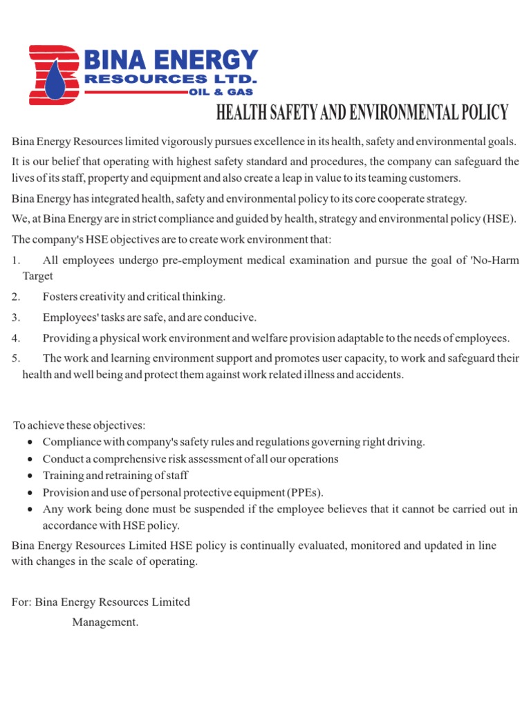Bina Energy HSE Policy Overview | PDF | Wellness