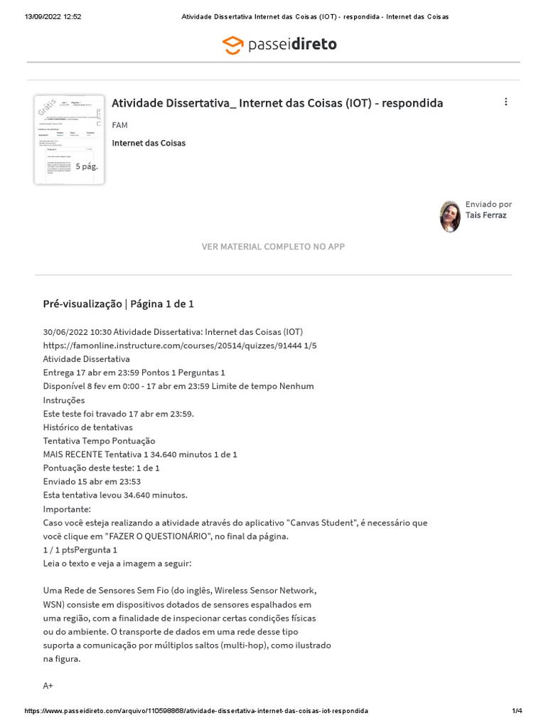 Atividade Dissertativa Internet Das Coisas (IOT) - Respondida ...