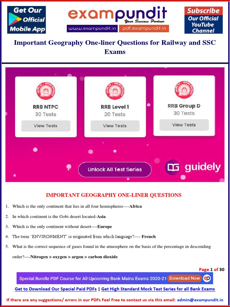 Important Geography One-Liner Questions by ExamPundit | PDF | Himalayas ...