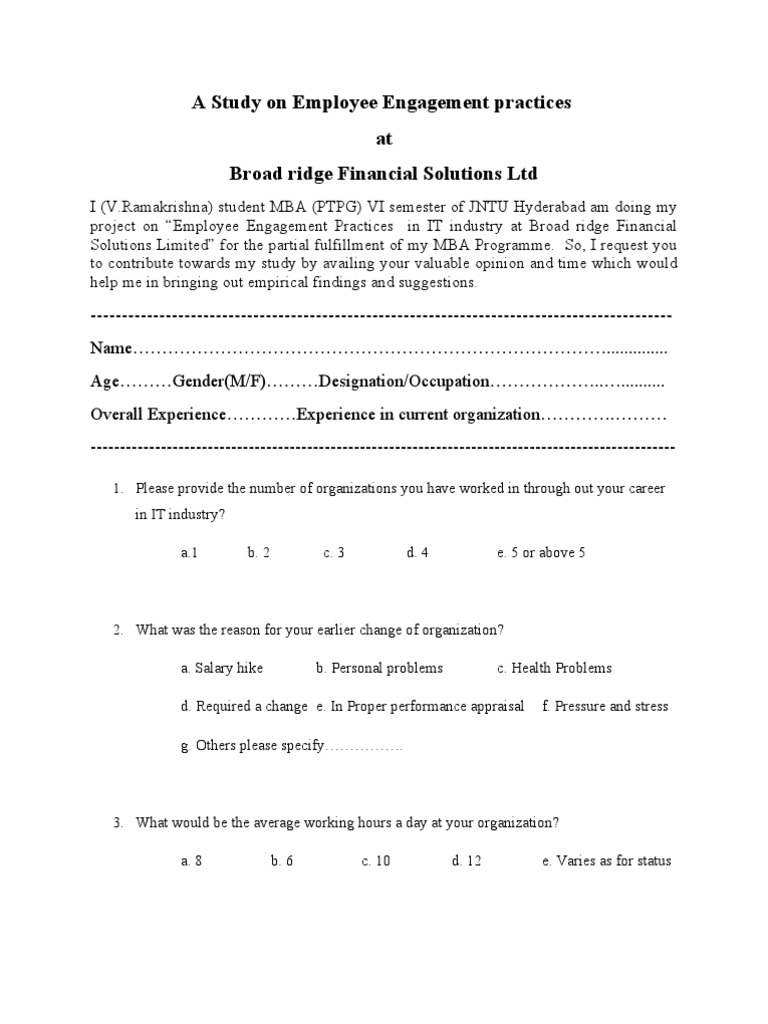 Questionnaire For Employee Engagement | Download Free PDF | Working ...