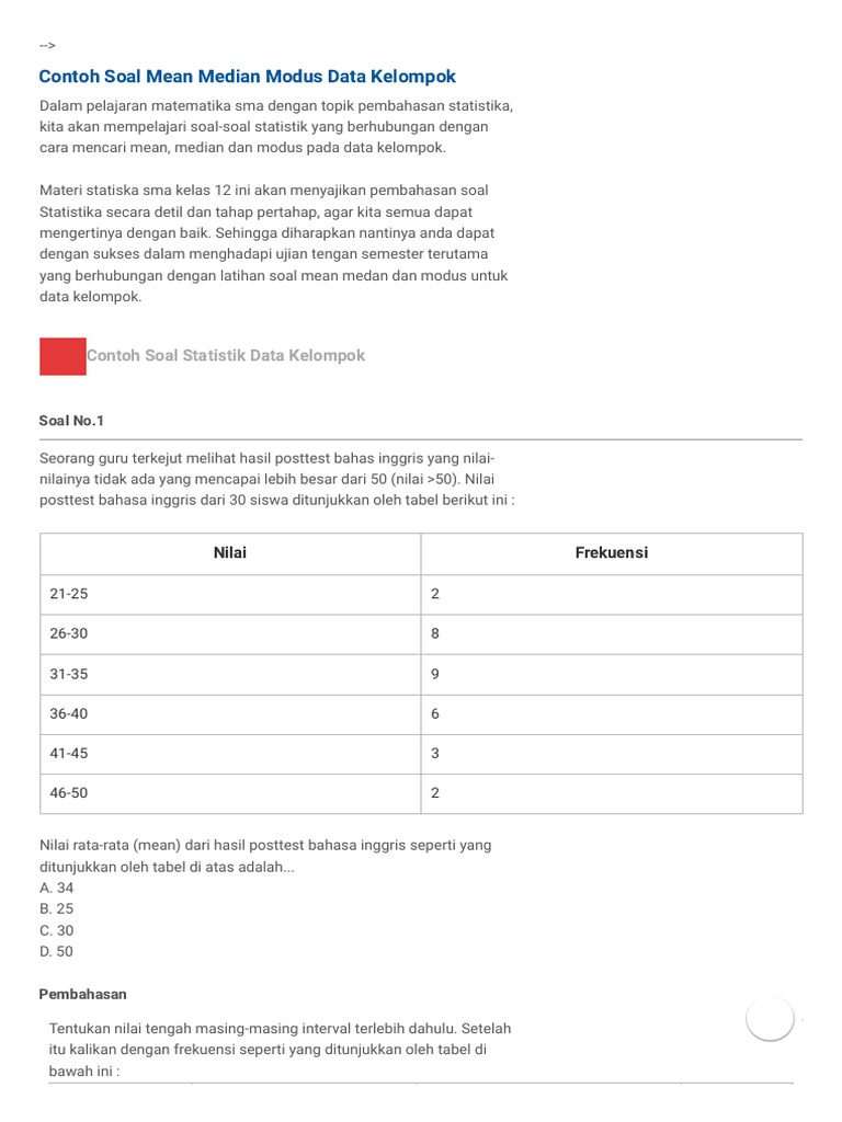 Contoh Soal Mean Median Modus Data Kelompok | PDF | Metode & Bahan Ajar