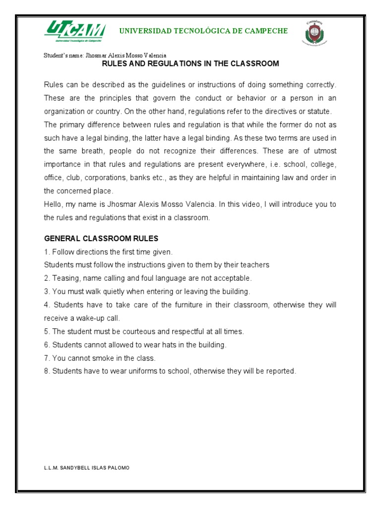 Script of The Rules and Regulations in The Classroom | PDF | Teachers ...