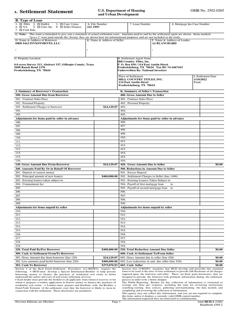 HUD Settlement Statement - 221-1993 | PDF | Financial Services | Banking