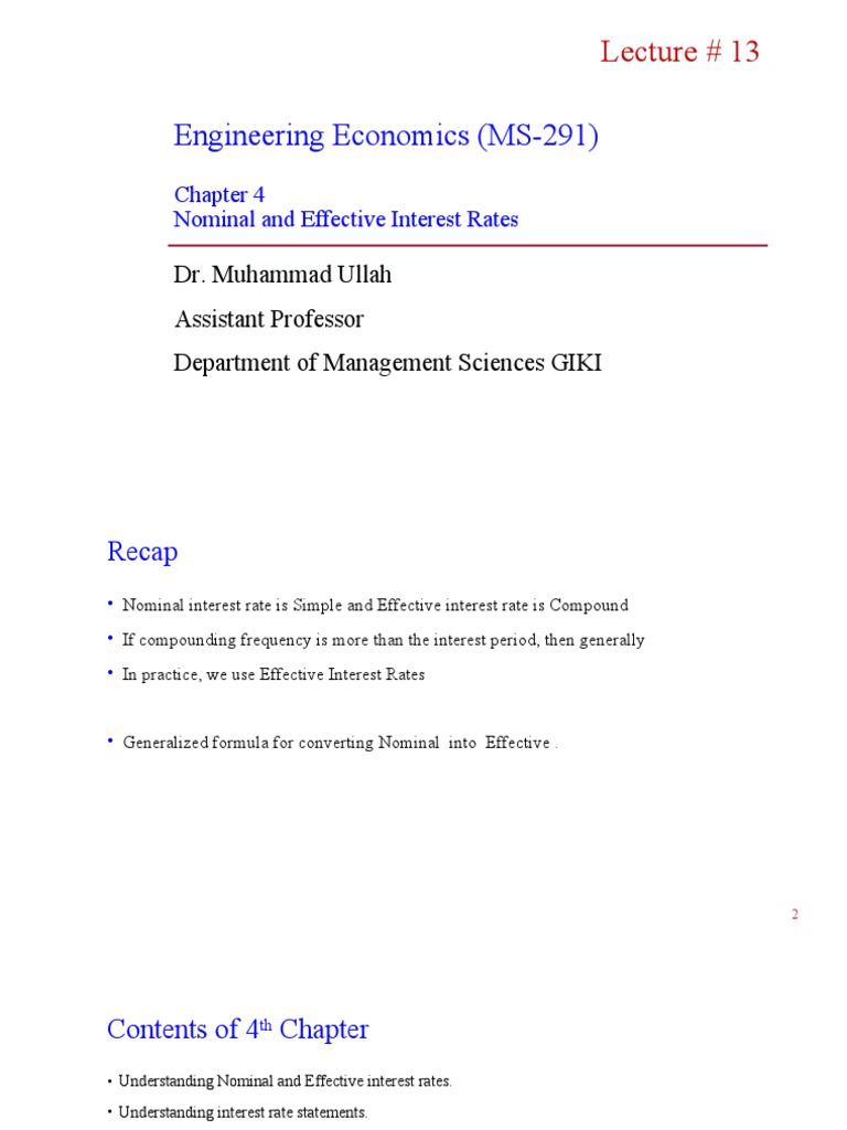 Engineering Economics (MS-291) : Lecture # 13 | PDF | Interest | Compound Interest