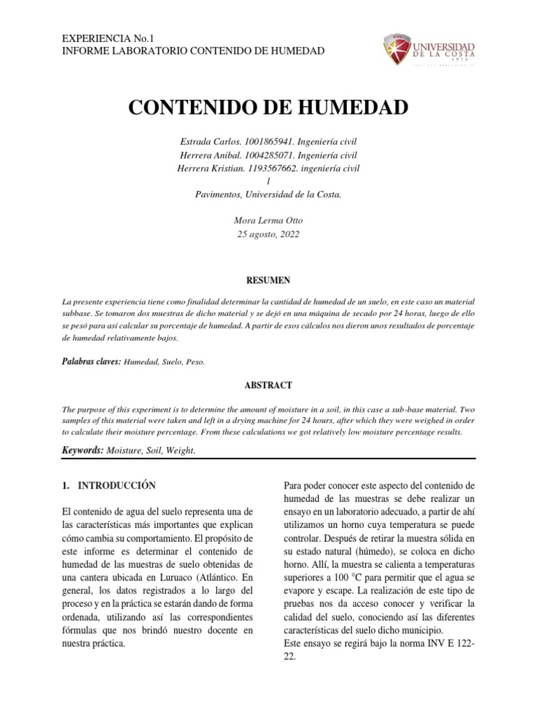 Informe Contenido de Humedad | PDF | Roca (geología) | Agua