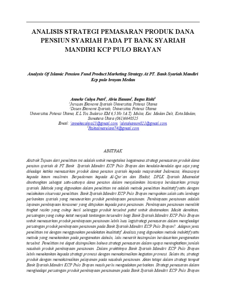 Analisis Strategi Pemasaran Produk Dana Pensiun Syariah Pada PT Bank Syariah Mandiri KCP Pulo ...