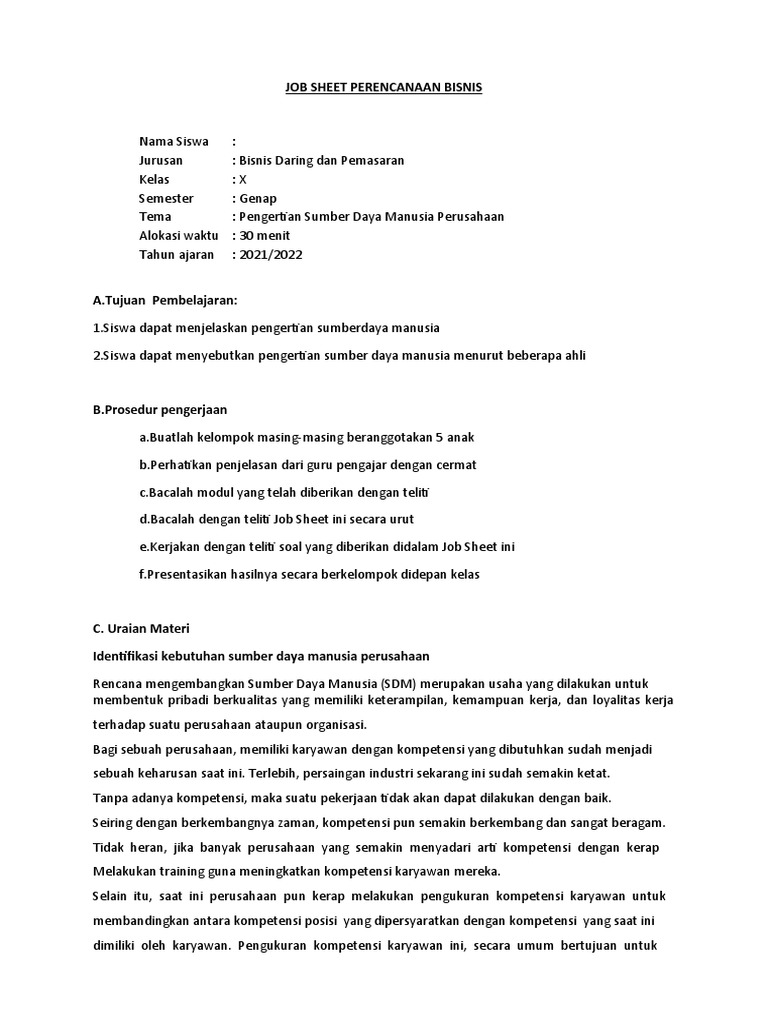 JOB SHEET PERENCANAAN BISNIS Kelas X | PDF