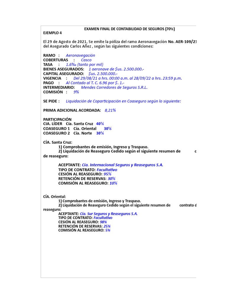 Examen Final de Coaseguro Conta. de Seguros - Juana Huari | PDF | Reaseguro | Bolivia