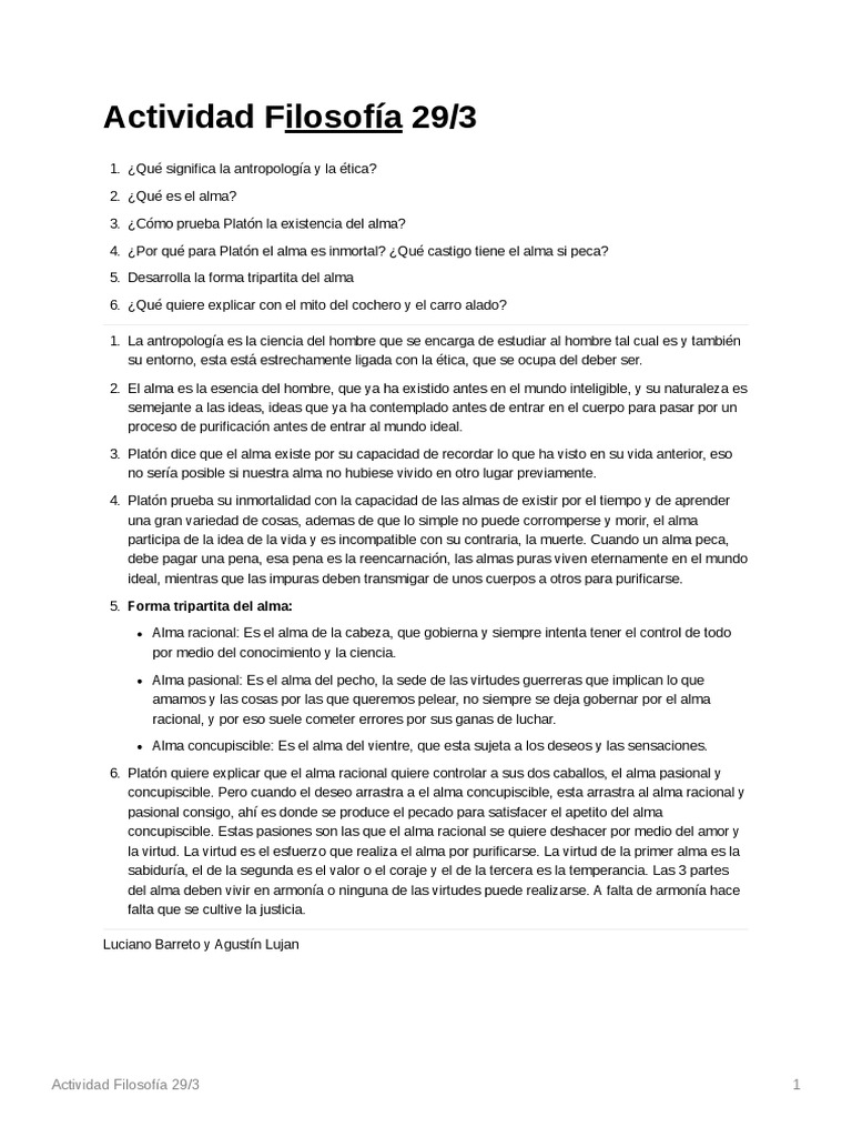 Actividad Filosofa 293 | PDF | Alma | Platón