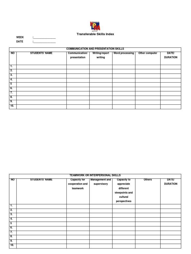 Transferable Skills Index: Week: - Date | PDF | Career & Growth