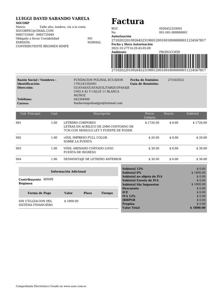 Factura 001-001-000000001 Fundacion Polinal Ecuador | PDF | Economias ...