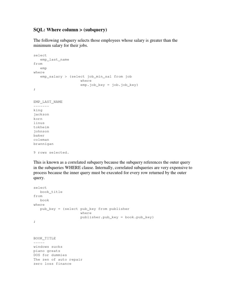 SQL: Where Column (Subquery) | PDF | Sql | Databases