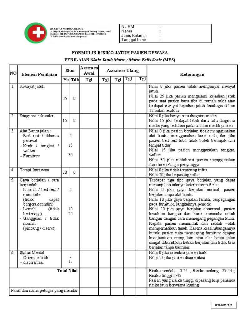 Formulir Risiko Jatuh Dewasa | PDF
