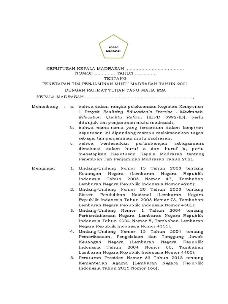 Contoh SK Tim Penjamin Mutu Madrasah | PDF