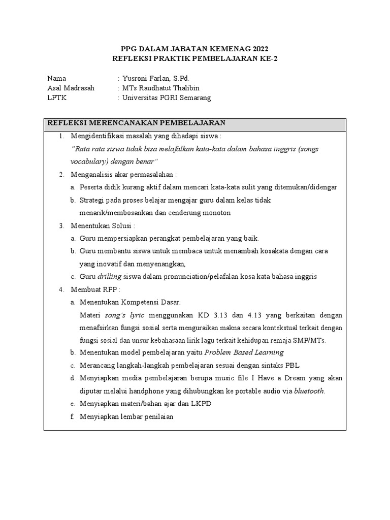 REFLEKSI PPL 2 Format | PDF