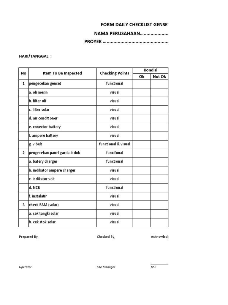 Form Inspeksi Genset | PDF