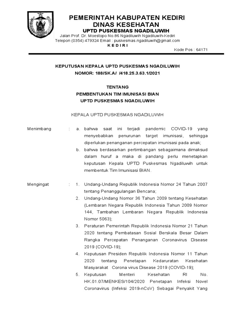 06 SK Tim Vaksinator Covid-19 Puskesmas Ngadiluwih | PDF