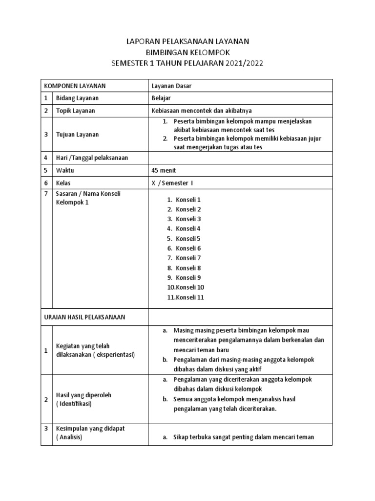 Contoh Laporan Pelaksanaan Layanan Bimb Kelompok - SMP | PDF | Karier & Perkembangan