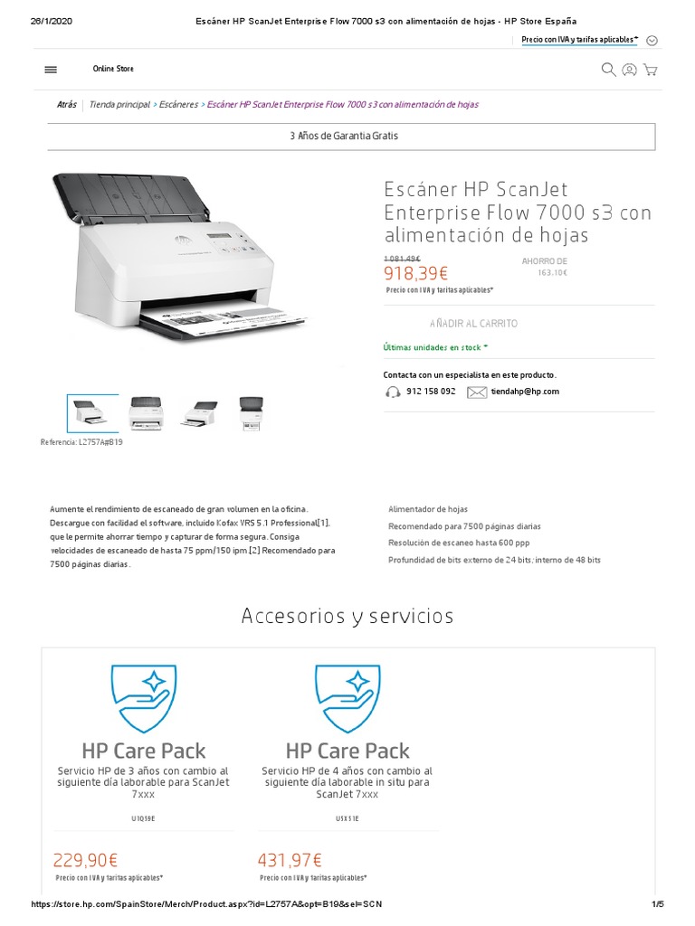 Escáner HP ScanJet Enterprise Flow 7000 s3 con alimentación de hojas ...