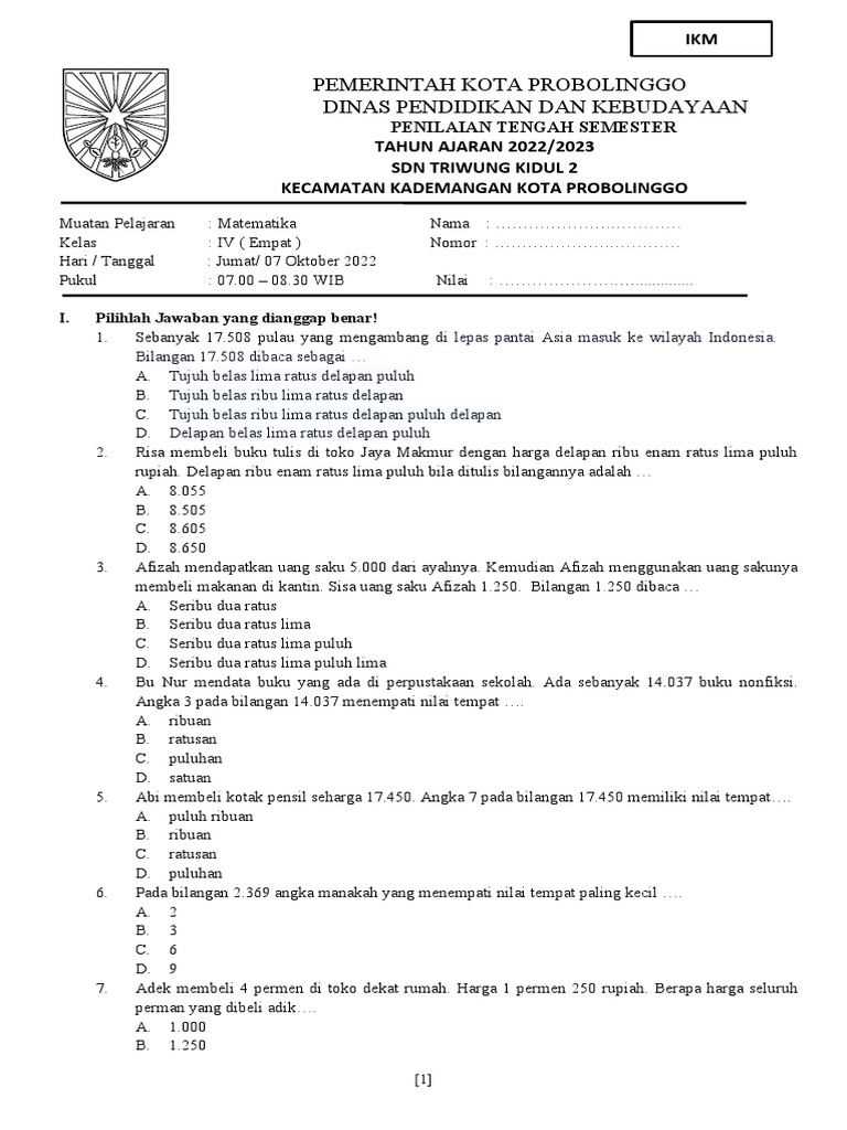 Soal Matematika PTS Kelas 4 SD | PDF