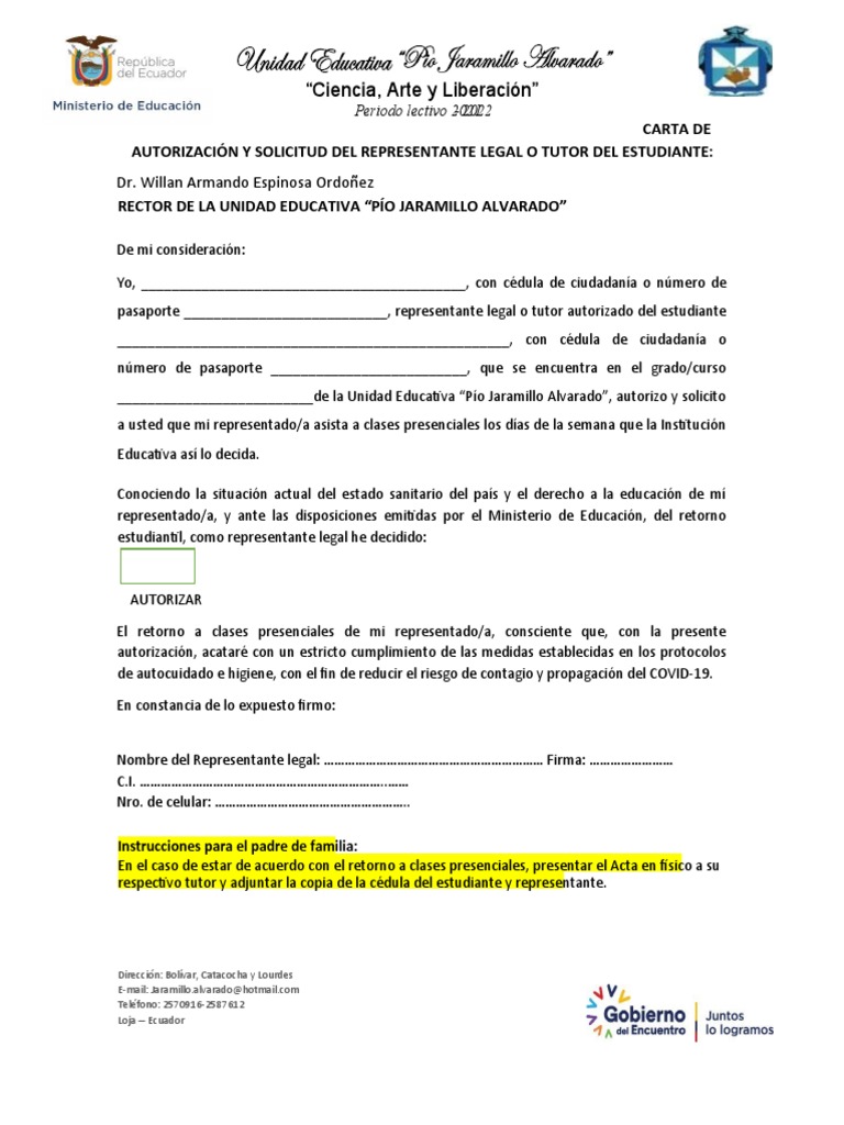 Carta de Autorización y Solicitud Del Representante Legal. | PDF