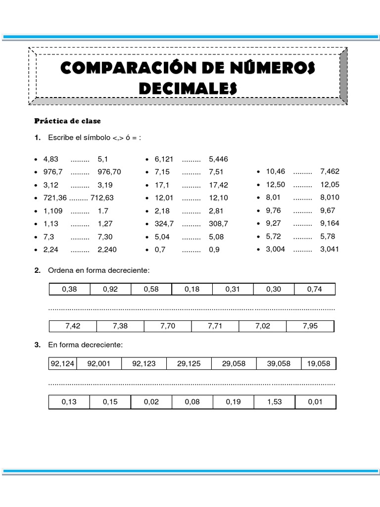 Comparación y Orden de Números Decimales | PDF | Métodos y materiales ...