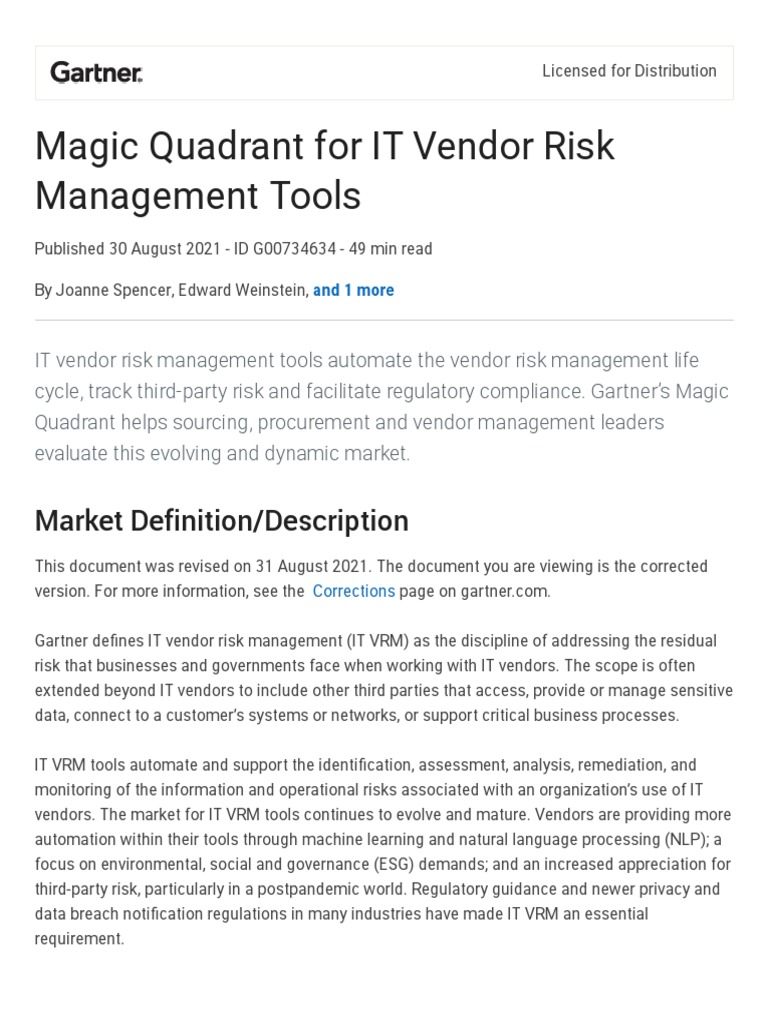 Magic Quadrant For IT Vendor Risk Management Tools, 2021 | PDF | Risk ... Magic Quadrant For IT Vendor Risk Management Tools, 2021 | PDF | Risk ...