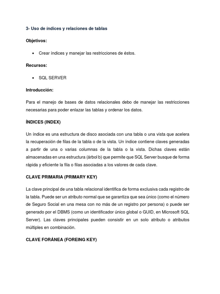 Lab-3 (Uso de Índices y Relaciones de Tablas) | PDF | Base de datos relacional | Servidor SQL de ...