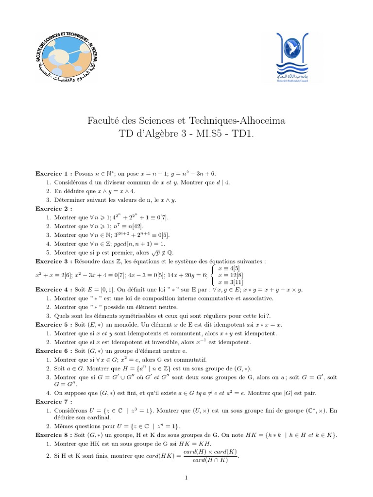Faculté Des Sciences Et Techniques-Alhoceima TD D'algèbre 3 - MI.S5 - TD1 | PDF ...