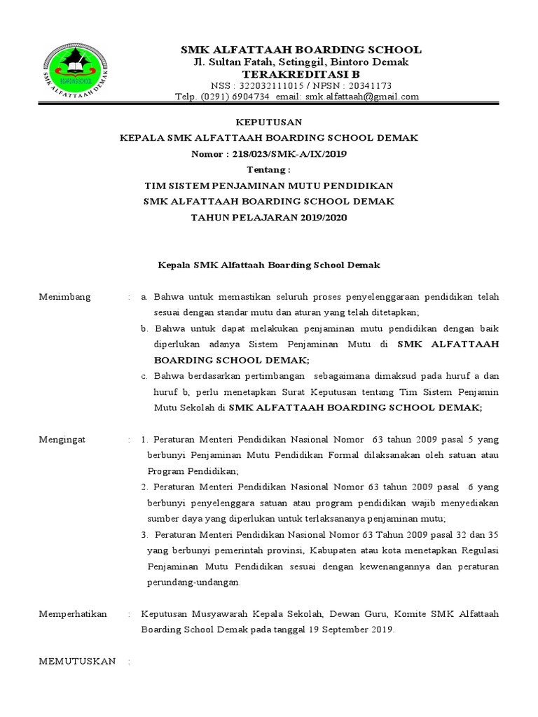 SK Tim Penjamin Mutu SMK Alfattaah Boarding Schoo1 Dan Tupoksinya | PDF