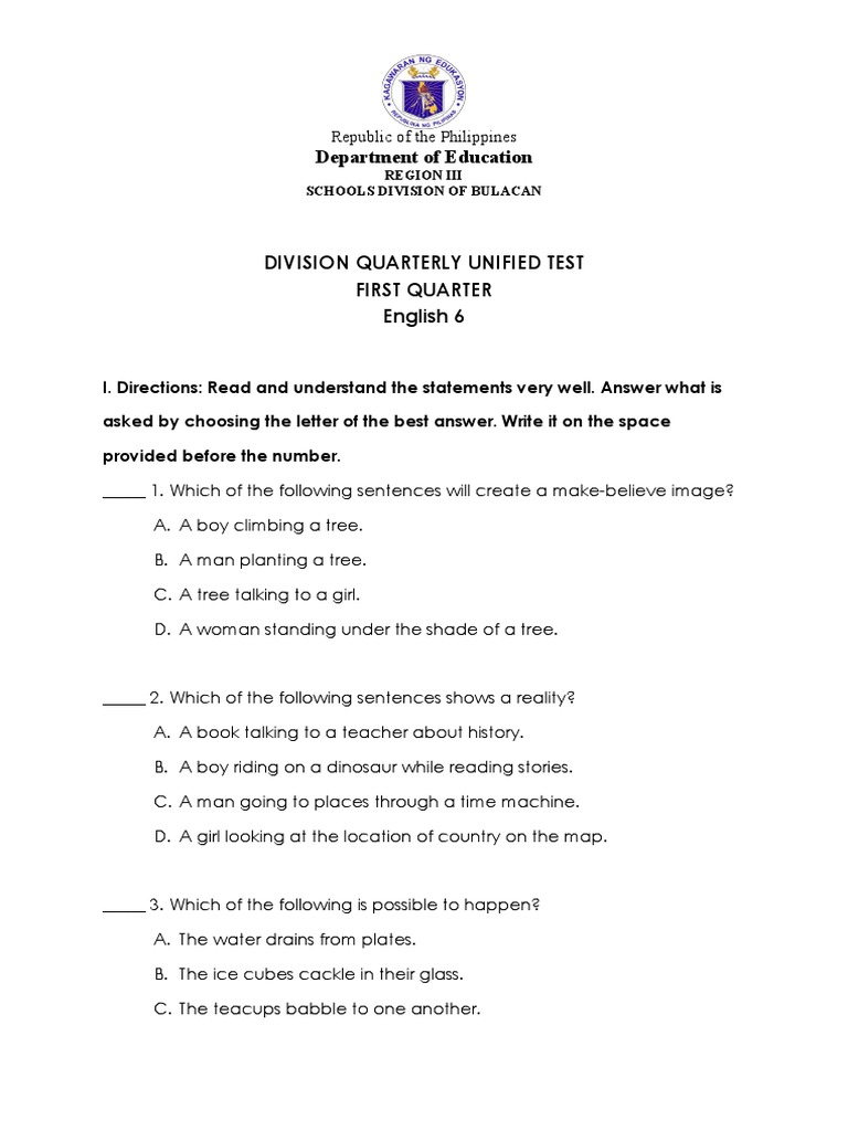 English - Grade 6 - Division Quarterly Unified Test (First Quarter ...