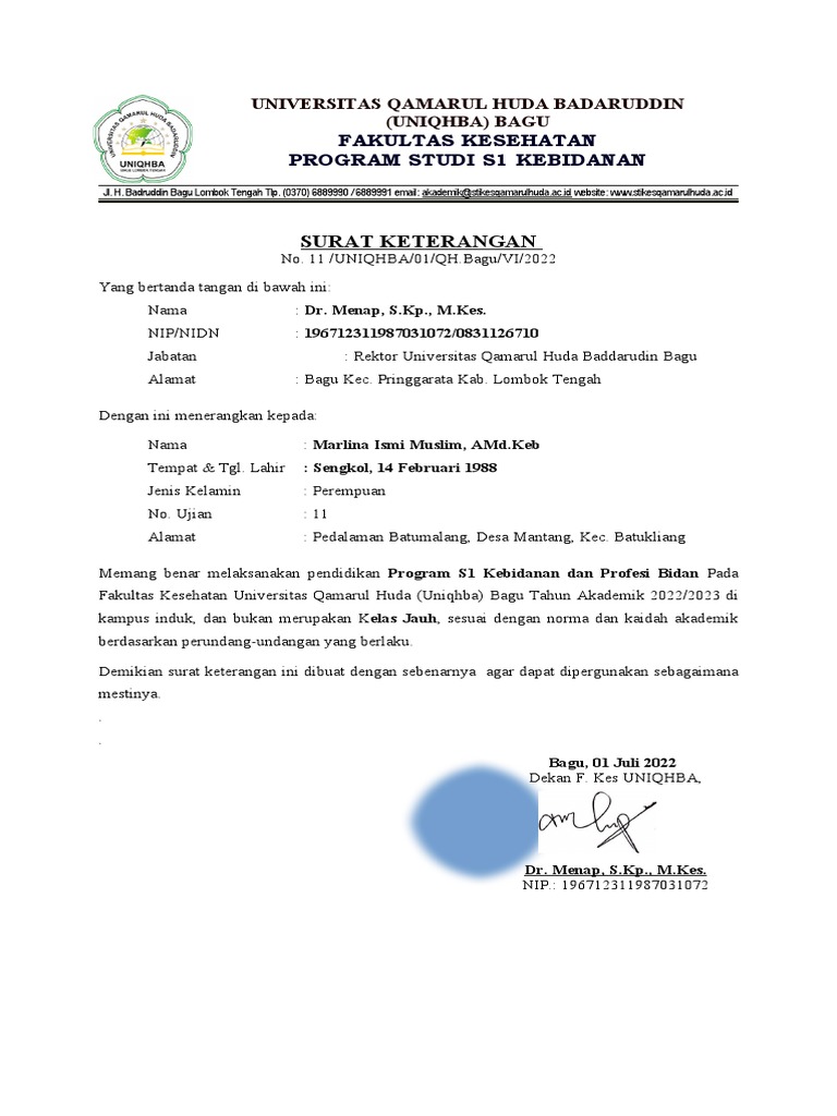 Surat Keterangan Lulus S1 Kebidanan UNIQHBA | PDF