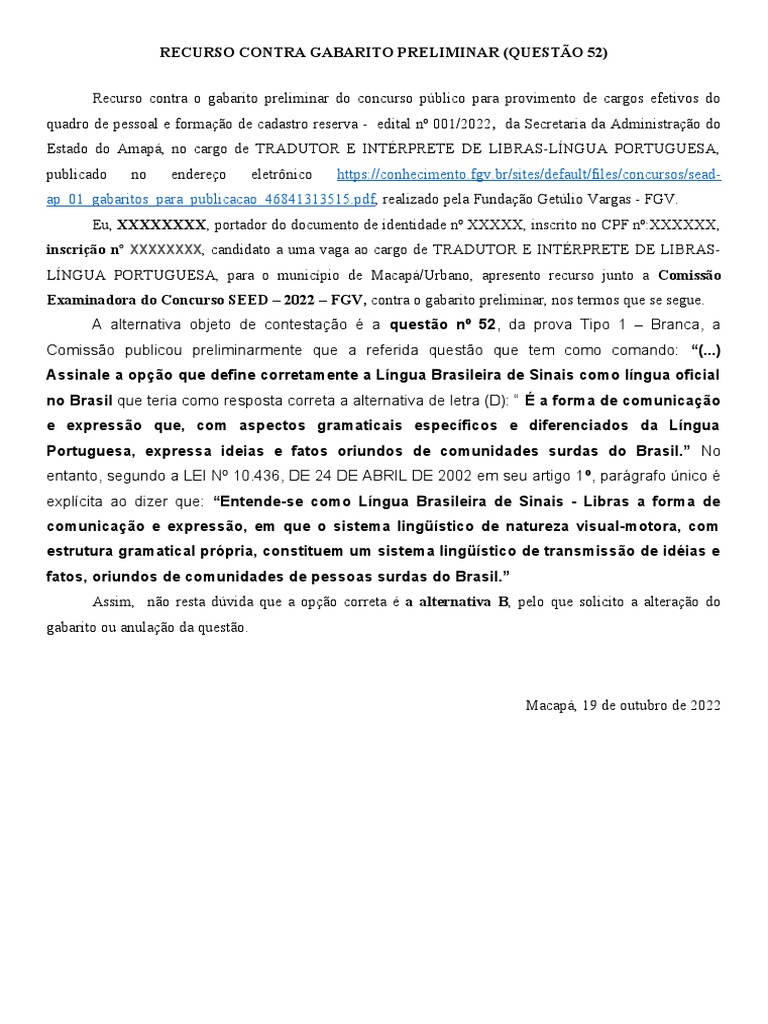 Recurso contra gabarito preliminar de questão sobre LIBRAS | PDF Recurso contra gabarito preliminar de questão sobre LIBRAS | PDF