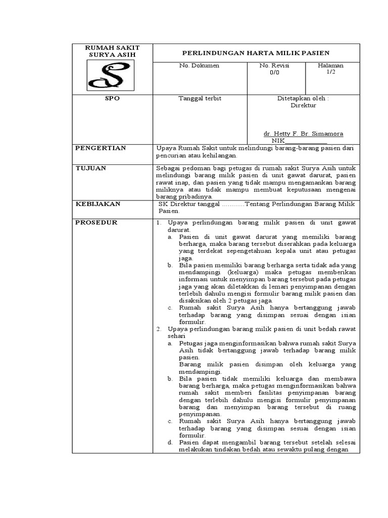 HPK 1.3 SPO Perlindungan Barang Milik Pasien | PDF