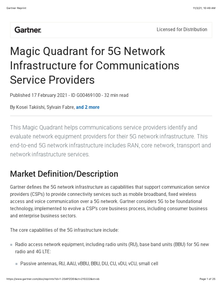 Magic Quadrant For 5G Network Infrastructure For Communications Service Providers, 2021 | PDF ...