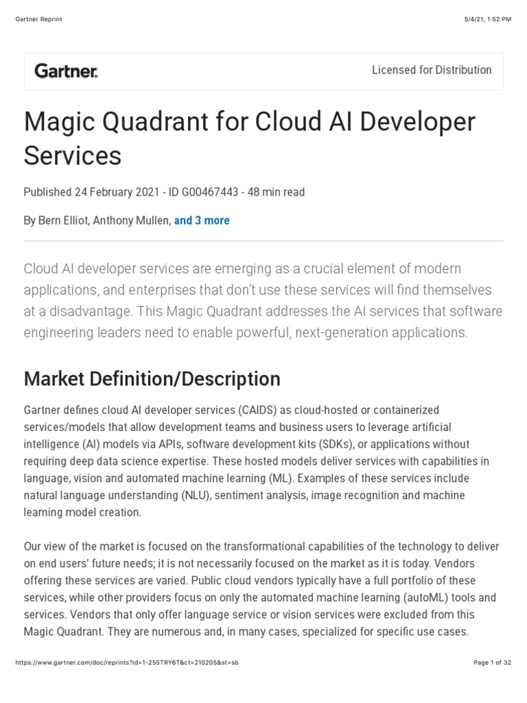 Magic Quadrant For Cloud AI Developer Services, 2021 | PDF | Cloud Computing | Artificial ...