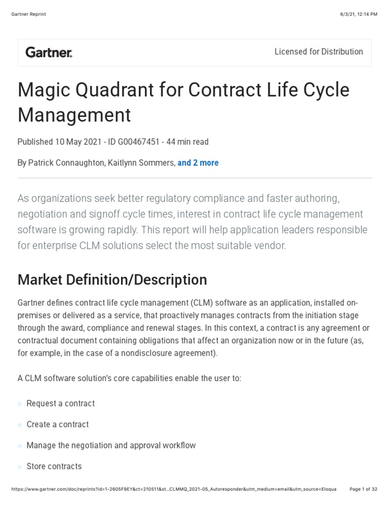 Magic Quadrant For Contract Life Cycle Management, 2021 | PDF | Cloud ...