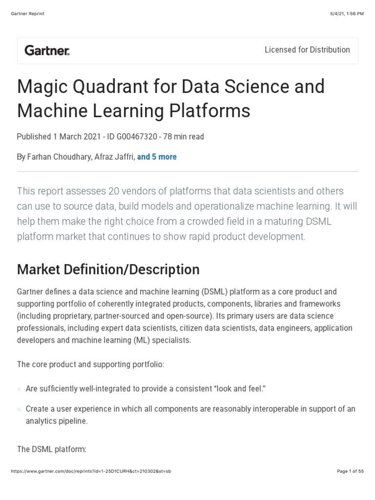 Magic Quadrant For Data Science and Machine Learning Platforms, 2021 ...